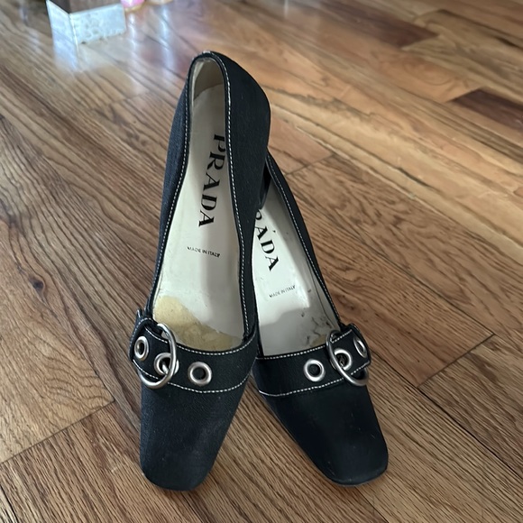 Prada | Shoes | Prada Sz 35 Black Linen Angled Heel Pumps | Poshmark